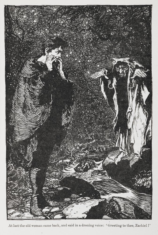 Illustration aus Jorinde und Joringel von Zachiel und der alten Frau.