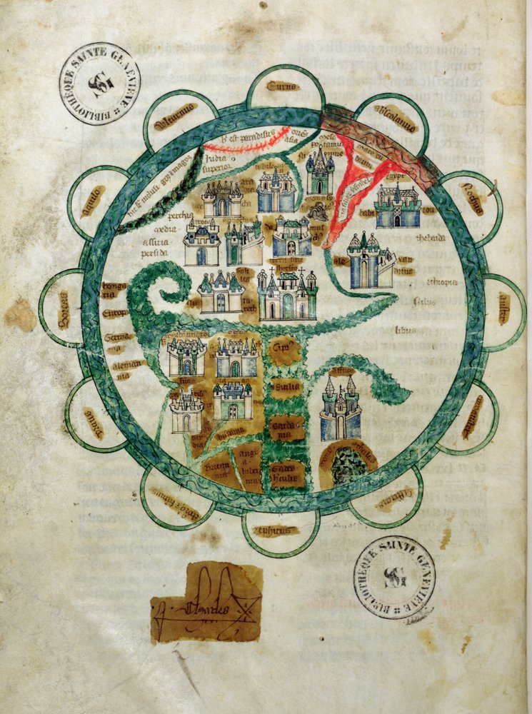 Ms 782 fol.16v. Weltkarte in Form eines Globus, Miniatur aus Grandes ...