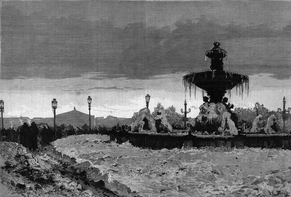 Paris unter dem Schnee, Winter 1879-1880: Ansicht eines der Brunnen auf ...