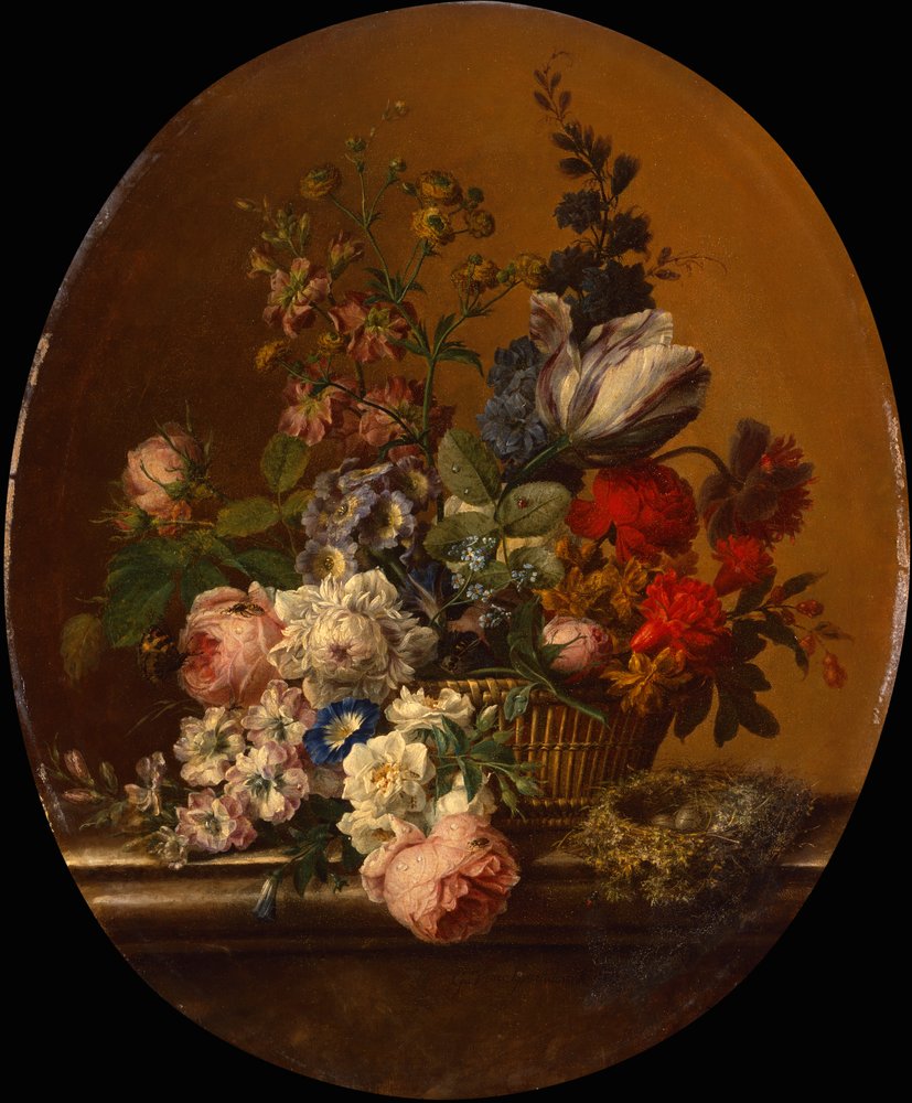 Stillleben mit Blumen in einem Korb und einem Nest eines ...