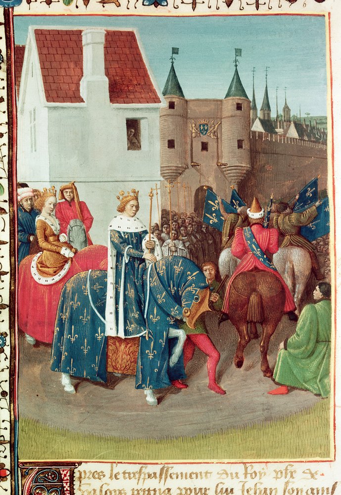 Einzug in Paris von König Johann II. (1319-64) Le Bon und Königin ...
