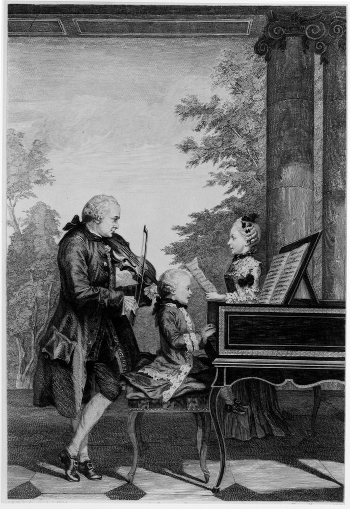 Leopold Mozart (1719-87) und seine zwei Kinder, Wolfgang Amadeus (1756 ...