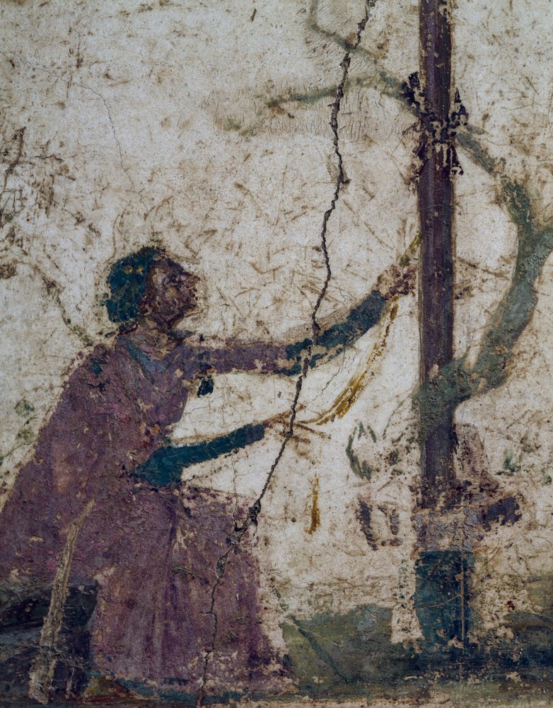 Frau am heiligen Baum, Fragment eines Freskos aus Pompeji, Kampanien, Italien, Römische Zivilisation
