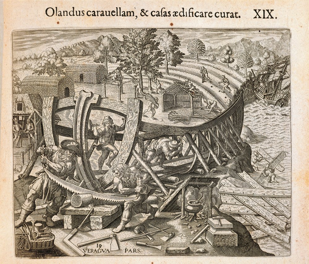 Die Spanier bauen ihr erstes Schiff in der Neuen Welt, Gravur aus ...