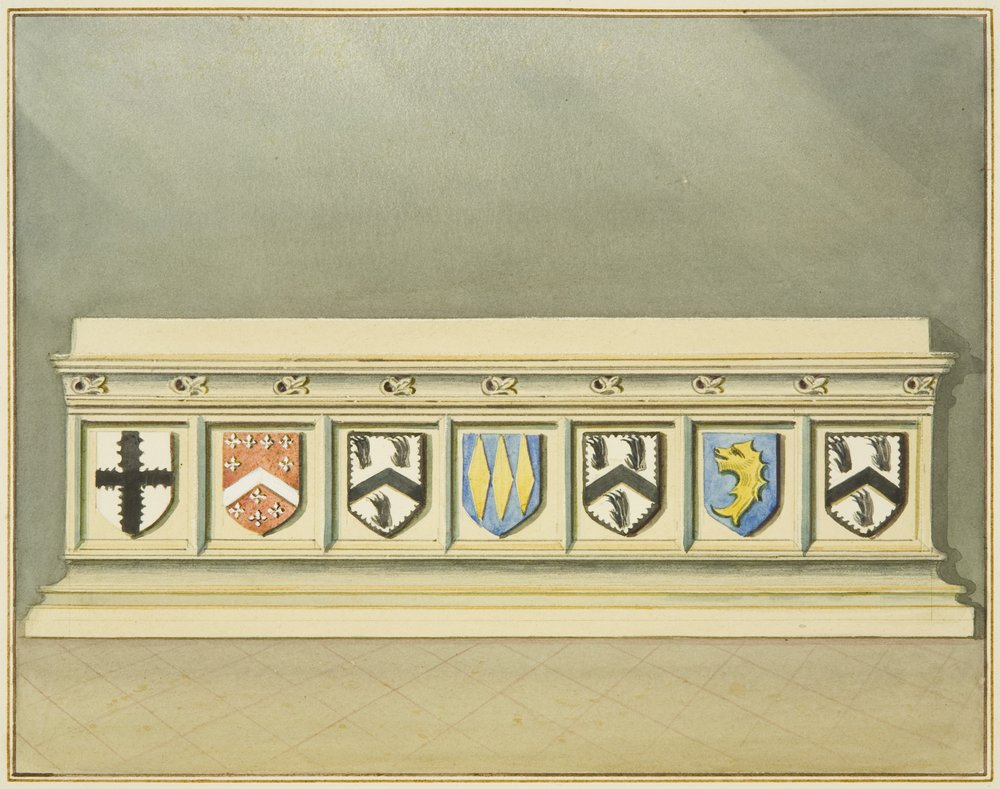 Heraldik auf dem Grab von Walter Frampton in der St John's Church