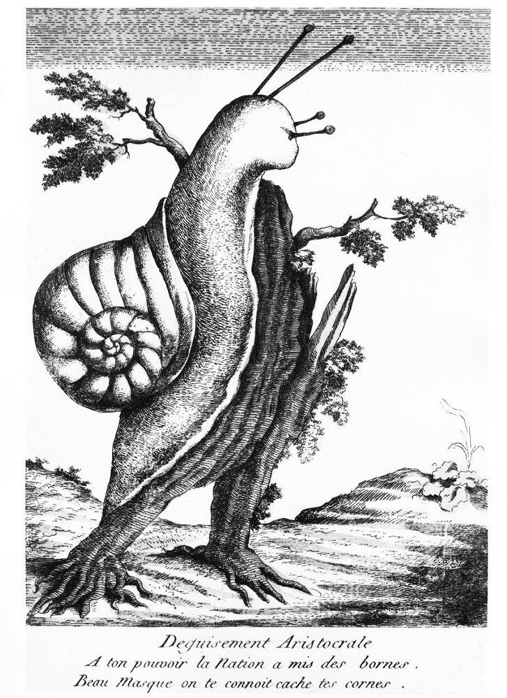 Satirische Zeichnung: aristokratische Verkleidung (eine Schnecke auf ...