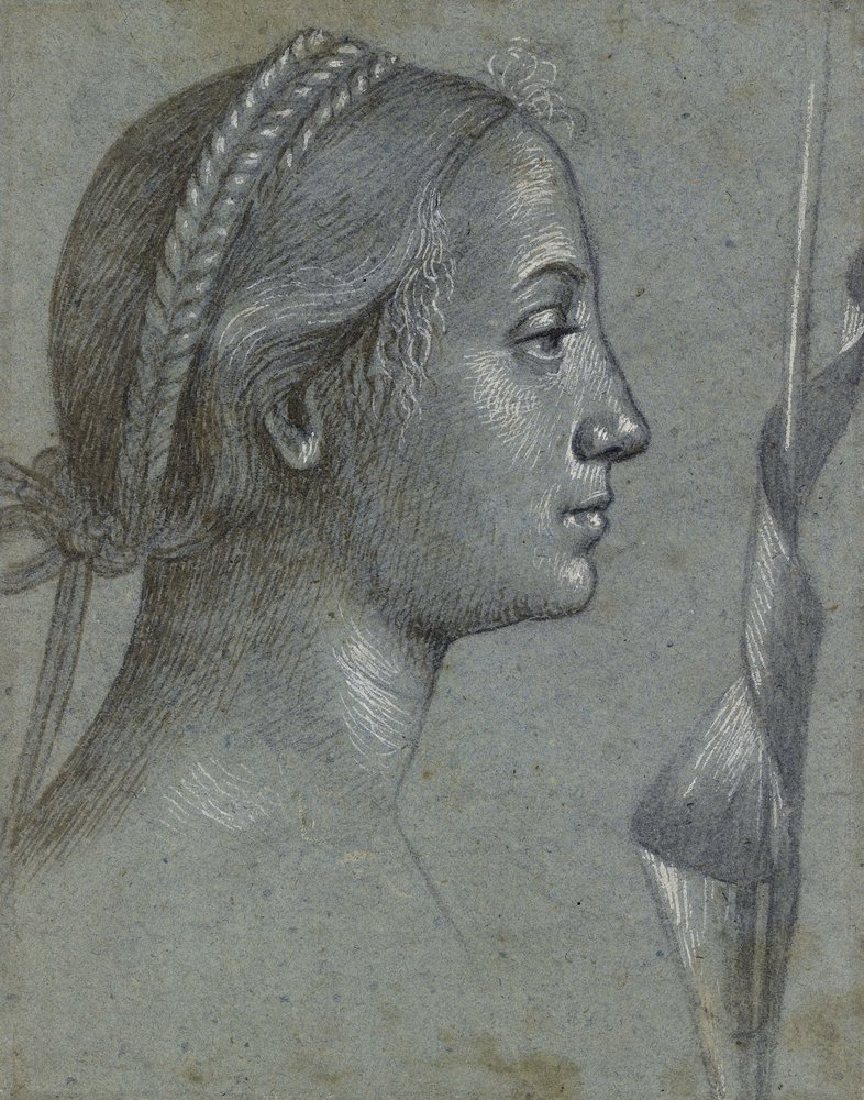 Recto: Kopf einer Frau mit einem Wimpel um einen Pfahl gewickelt