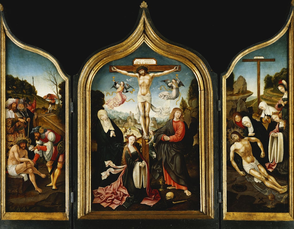 Ein Triptychon: Christus am Kreuz mit der Jungfrau, den Magdalena, Johannes dem Evangelisten und ...