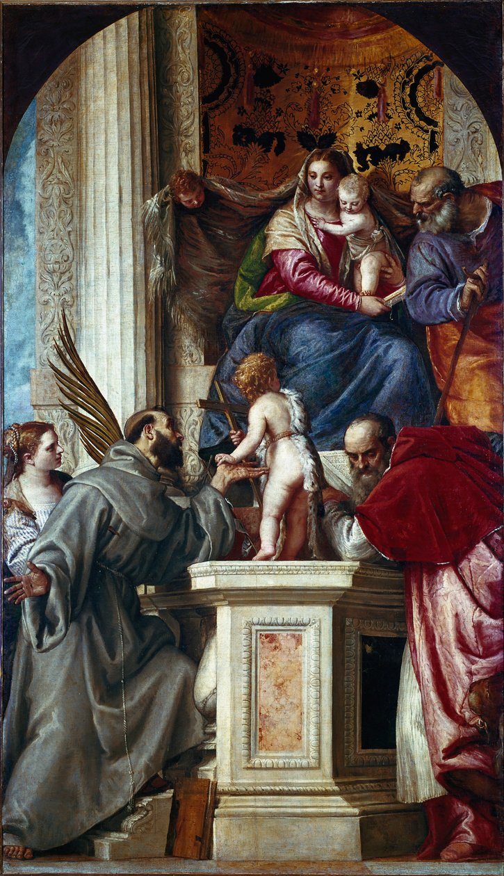 Die Heilige Familie mit Heiligen (Sacra Conversazione bekannt als Pala ...