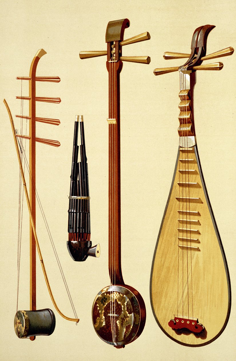 Ein Huqin und Bogen, ein Sheng, ein Sanxian und eine Pipa, chinesische ...