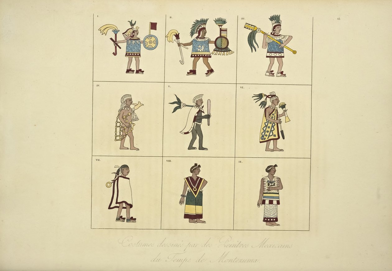 Kostüme, entworfen von den mexikanischen Malern zur Zeit von Montezuma ...