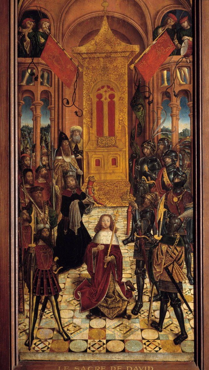 Die Krönung Davids zum König von Israel. Malerei der französischen Schule des 16. Jahrhunderts ...