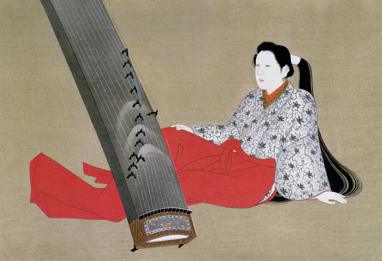 Frau spielt Koto, reproduziert in der Zeitschrift The Kokka, ca. 1896-97