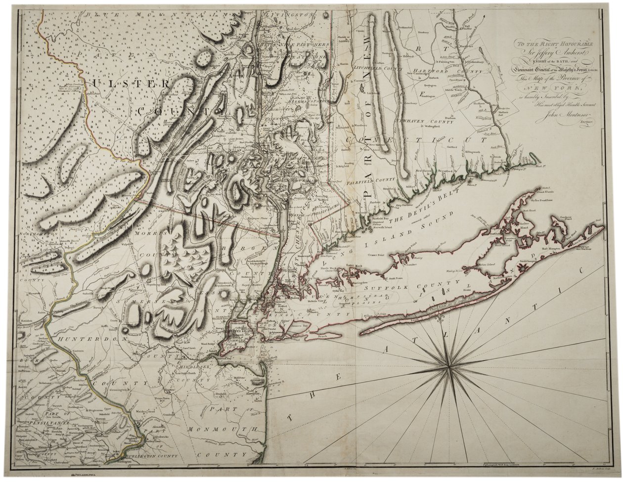 Karte des unteren Staates New York und umliegender Gebiete, ca. 1775