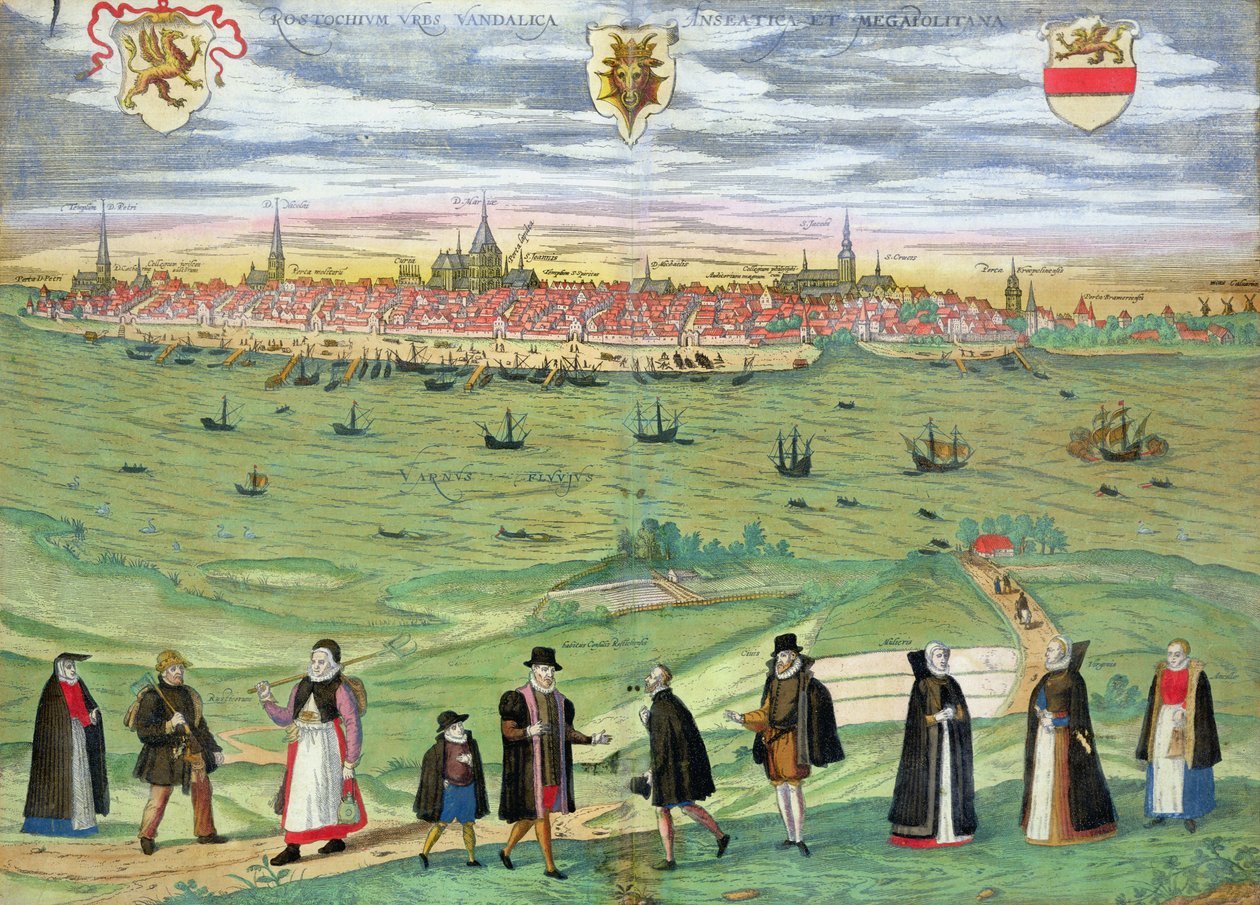 Karte von Rostock, aus 'Civitates Orbis Terrarum' von Georg Braun (1541 ...