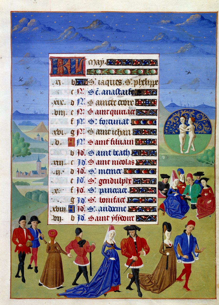 Mai: die Höflinge spazieren. Illustrierte Manuskriptseite aus dem ...