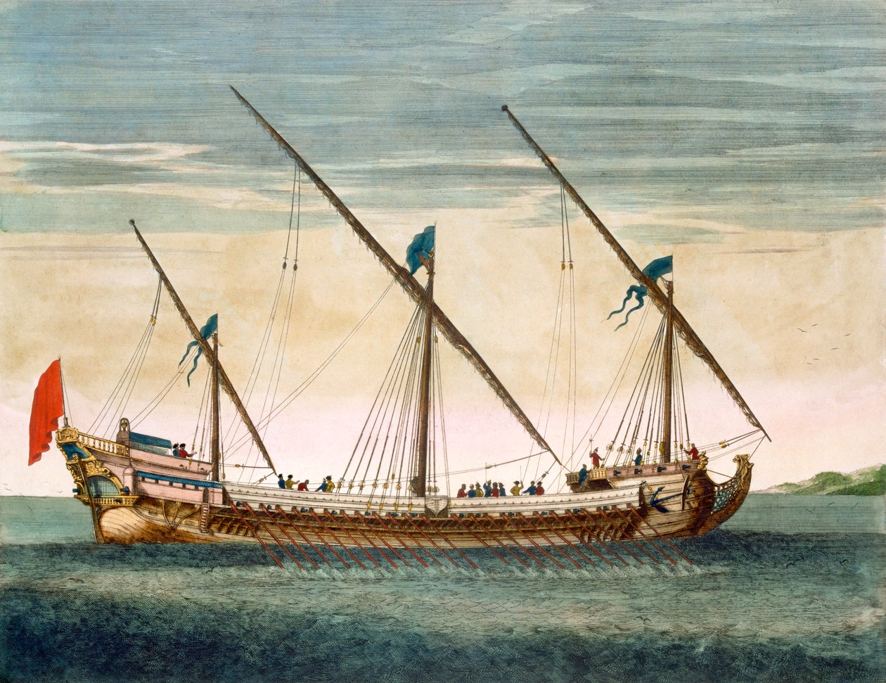 Eine dreimastige Galeasse unter Ruder, aus Le Neptune Francois, ca ...